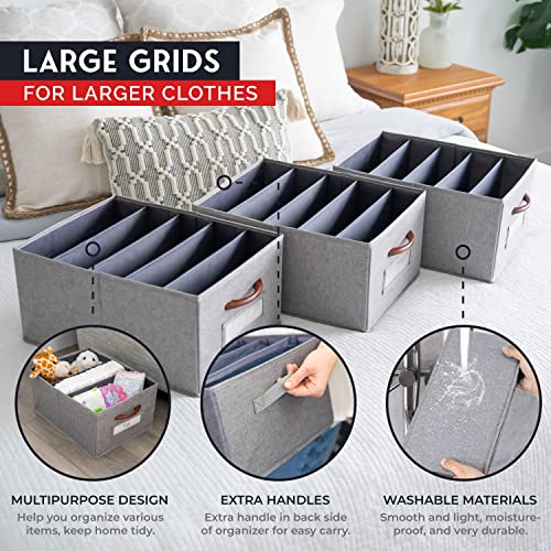 Multifunctional Jeans Organizer for Closet- Foldable Washable Wardrobe Closet Pants Organizer with Label Windows, Labels, Carrying Handles & 5 Large Grid Removable Dividers- Gray Wood Handles, 3 Pack