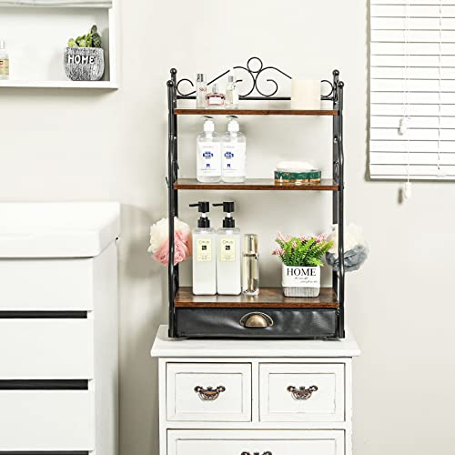 Jautokerdar Wall Mounted Bathroom Shelves with Drawer, 3 Tier Hanging Storage Rack with Foldable Towel Bar, Towel Holder Floating Organizer Shelves with Hook