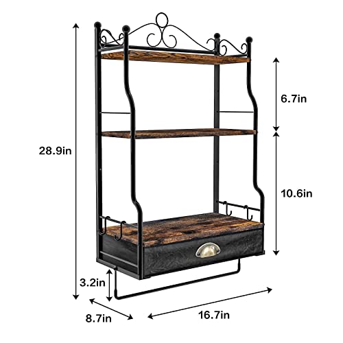 Jautokerdar Wall Mounted Bathroom Shelves with Drawer, 3 Tier Hanging Storage Rack with Foldable Towel Bar, Towel Holder Floating Organizer Shelves with Hook