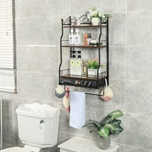 Jautokerdar Wall Mounted Bathroom Shelves with Drawer, 3 Tier Hanging Storage Rack with Foldable Towel Bar, Towel Holder Floating Organizer Shelves with Hook