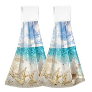 kocoart seashells coastal kitchen hand towels with loop starfish tropical beach shore hanging tie towel set of 2, soft absorbent washcloth dish fingertip towel for bathroom 12x17 in