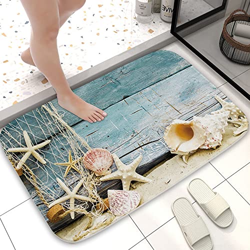 Seashell Nautical Fishing Nets Conch Starfish Beach Ocean Bathroom Shower Curtain 72" x 72" and Rugs 20" x 31" Accessory Decor with Bath Mat, U-Shaped Contour, Toilet Lid Cover and Hooks Set of 4 PCS