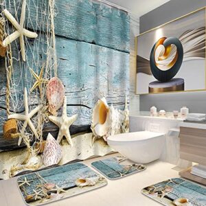 Seashell Nautical Fishing Nets Conch Starfish Beach Ocean Bathroom Shower Curtain 72" x 72" and Rugs 20" x 31" Accessory Decor with Bath Mat, U-Shaped Contour, Toilet Lid Cover and Hooks Set of 4 PCS