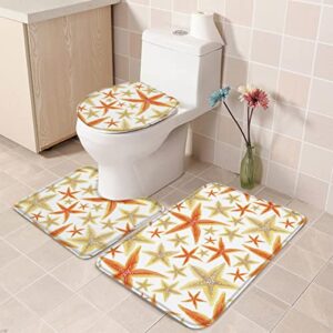 Ocean Starfish Bathroom Rugs Mat Sets 3 Piece, Bath Shower Rugs with U-Shaped Contour Toilet Mat, Orange Yellow Summer Beach Coastal Nautical Small Absorbent Bathtub Runner Rugs Floor Mats