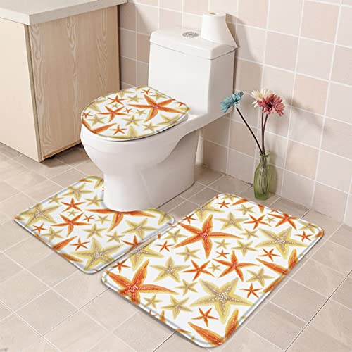 Ocean Starfish Bathroom Rugs Mat Sets 3 Piece, Bath Shower Rugs with U-Shaped Contour Toilet Mat, Orange Yellow Summer Beach Coastal Nautical Small Absorbent Bathtub Runner Rugs Floor Mats