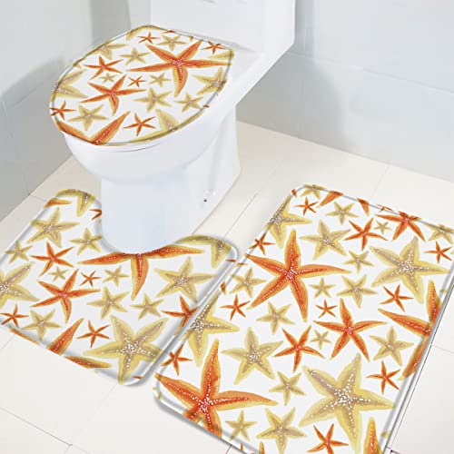 Ocean Starfish Bathroom Rugs Mat Sets 3 Piece, Bath Shower Rugs with U-Shaped Contour Toilet Mat, Orange Yellow Summer Beach Coastal Nautical Small Absorbent Bathtub Runner Rugs Floor Mats