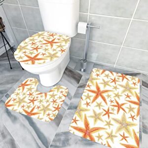 Ocean Starfish Bathroom Rugs Mat Sets 3 Piece, Bath Shower Rugs with U-Shaped Contour Toilet Mat, Orange Yellow Summer Beach Coastal Nautical Small Absorbent Bathtub Runner Rugs Floor Mats