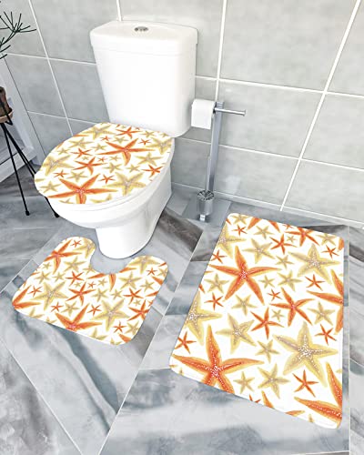 Ocean Starfish Bathroom Rugs Mat Sets 3 Piece, Bath Shower Rugs with U-Shaped Contour Toilet Mat, Orange Yellow Summer Beach Coastal Nautical Small Absorbent Bathtub Runner Rugs Floor Mats