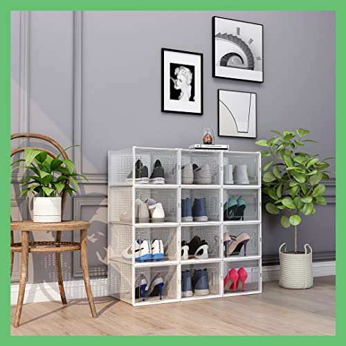 Lanffranchi Shoe Organizer Plastic Storage Boxes-Stackable Rack-Transparent, Ventilation and Dust-proof- sneaker storage for display, Space Saving Bins for Bathroom, Bedroom & Entryway (Medium)