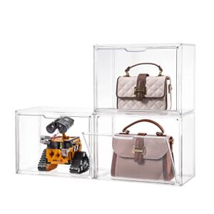 zllzuu purse and handbag storage organizer for closet, clear acrylic display case for collectibles, 3 pack plastic storage boxes with magnetic door for wallet, cosmetic, toys (large door)