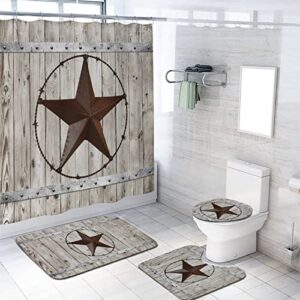 texas star 4 pcs shower curtain sets with rugs wooden rusty star western retro farmhouse 4 pcs shower curtain/ non-slip bathroom rugs/ lid toilet cover/ bath mat,72" x 72"