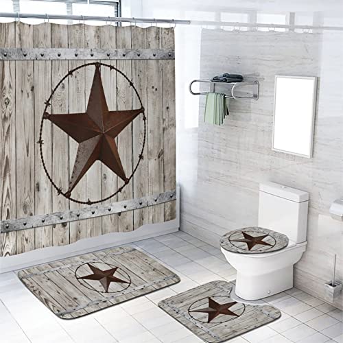 Texas Star 4 Pcs Shower Curtain Sets with Rugs Wooden Rusty Star Western Retro Farmhouse 4 Pcs Shower Curtain/ Non-Slip Bathroom Rugs/ Lid Toilet Cover/ Bath Mat,72" x 72"