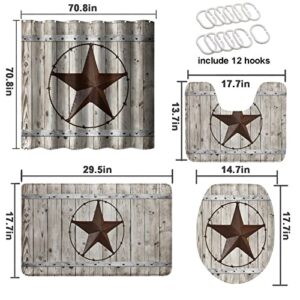 Texas Star 4 Pcs Shower Curtain Sets with Rugs Wooden Rusty Star Western Retro Farmhouse 4 Pcs Shower Curtain/ Non-Slip Bathroom Rugs/ Lid Toilet Cover/ Bath Mat,72" x 72"