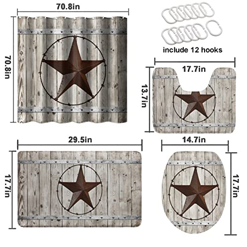 Texas Star 4 Pcs Shower Curtain Sets with Rugs Wooden Rusty Star Western Retro Farmhouse 4 Pcs Shower Curtain/ Non-Slip Bathroom Rugs/ Lid Toilet Cover/ Bath Mat,72" x 72"