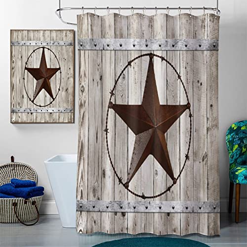 Texas Star 4 Pcs Shower Curtain Sets with Rugs Wooden Rusty Star Western Retro Farmhouse 4 Pcs Shower Curtain/ Non-Slip Bathroom Rugs/ Lid Toilet Cover/ Bath Mat,72" x 72"