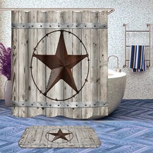 Texas Star 4 Pcs Shower Curtain Sets with Rugs Wooden Rusty Star Western Retro Farmhouse 4 Pcs Shower Curtain/ Non-Slip Bathroom Rugs/ Lid Toilet Cover/ Bath Mat,72" x 72"