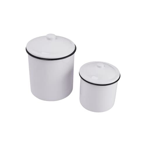 Creative Co-Op Farmhouse Enameled Metal Canisters with Lids, White and Black, Set of 2 Sizes