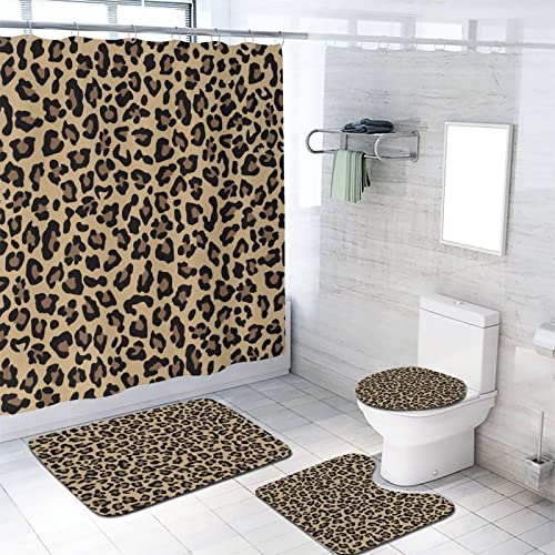 Zmcongz Leopard Print Bathroom Sets with Shower Curtain and Rugs and Accessories Wild Safari Skin Pattern Powerful Cheetah Bathroom Decor Bath Curtain with Rugs Toilet Lid Cover Bath Mat, 72x72 Inch