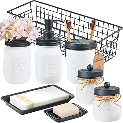 White Mason Jar Bathroom Accessories Set 8 Pcs - Lotion Soap Dispenser,Toothbrush Holder,2 Apothecary Jar Canisters, Flower Vase,Soap Dish,Vanity Tray,Storage Organizer Basket Bin (Grey)