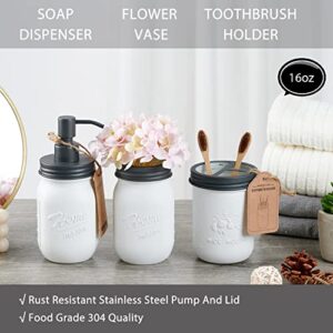 White Mason Jar Bathroom Accessories Set 8 Pcs - Lotion Soap Dispenser,Toothbrush Holder,2 Apothecary Jar Canisters, Flower Vase,Soap Dish,Vanity Tray,Storage Organizer Basket Bin (Grey)