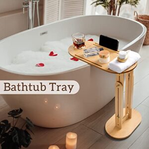 PETIARKIT Foldable Bathtub Tray, Bamboo Bathtub Tray Table with Wine Glass and Phone Holder, Height Adjustable, Waterproof Bath Caddy Tray for Luxury Bath, Home Organizer for Sofa, Bed, Table.