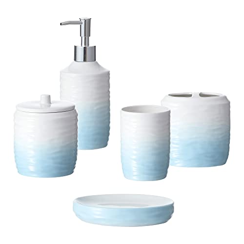 Motifeur Bathroom Accessories Set, 5-Piece Ceramic Bath Accessory Complete Set with Lotion Dispenser/Soap Pump, Cotton Jar, Soap Dish, Tumbler and Toothbrush Holder (Blue and White Gradient)