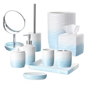 Motifeur Bathroom Accessories Set, 5-Piece Ceramic Bath Accessory Complete Set with Lotion Dispenser/Soap Pump, Cotton Jar, Soap Dish, Tumbler and Toothbrush Holder (Blue and White Gradient)