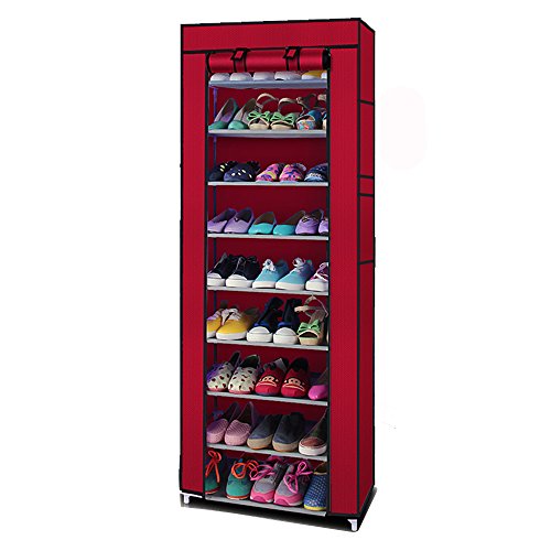 MallMall 10 Tiers Shoe Rack with Dustproof Cover Closet,30-Pair Shoes Rack Storage Cabinet Organizer (Wine red)