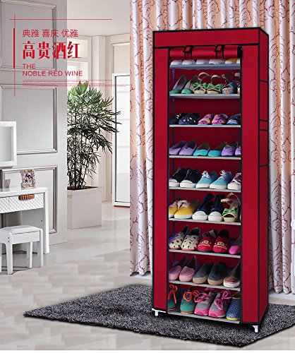 MallMall 10 Tiers Shoe Rack with Dustproof Cover Closet,30-Pair Shoes Rack Storage Cabinet Organizer (Wine red)