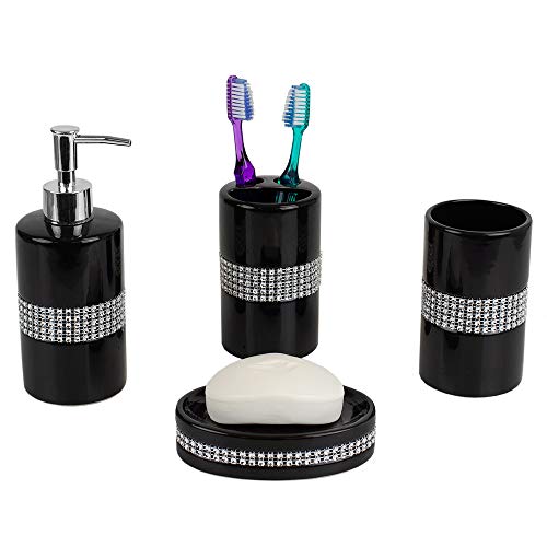 Crystal-Trimmed 4-Piece Ceramic Bathroom Set (Black), Chic Design Bathroom Accessory Set Bath Accessories For Bathroom Includes Soap Dish, Tumbler, Toothbrush Holder, and Lotion Dispenser