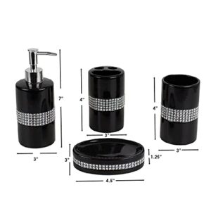 Crystal-Trimmed 4-Piece Ceramic Bathroom Set (Black), Chic Design Bathroom Accessory Set Bath Accessories For Bathroom Includes Soap Dish, Tumbler, Toothbrush Holder, and Lotion Dispenser