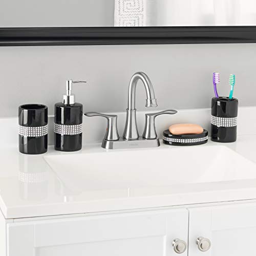 Crystal-Trimmed 4-Piece Ceramic Bathroom Set (Black), Chic Design Bathroom Accessory Set Bath Accessories For Bathroom Includes Soap Dish, Tumbler, Toothbrush Holder, and Lotion Dispenser