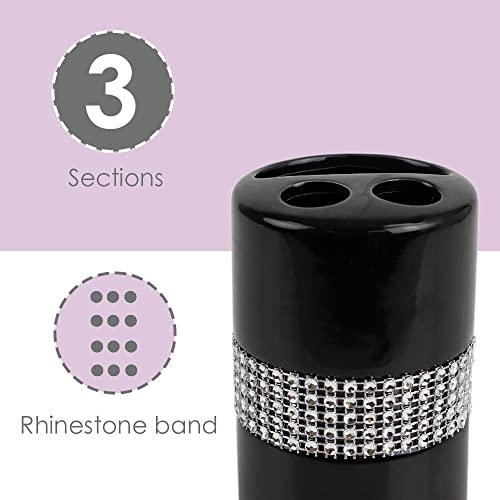 Crystal-Trimmed 4-Piece Ceramic Bathroom Set (Black), Chic Design Bathroom Accessory Set Bath Accessories For Bathroom Includes Soap Dish, Tumbler, Toothbrush Holder, and Lotion Dispenser