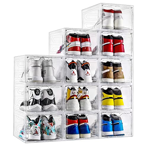 INSTY Shoe Boxes, Set of 12, Stackable Clear Plastic Shoe Storage Boxes, Drop Front Shoe Box with Lids,Shoe Organizer Containers for Sneaker Display, Fit up to US Size 12(13.4”x 9.8”x 7.1”)