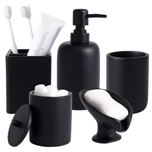 resin matte black bathroom accessory set of 5, lotion soap dispenser, bathroom organizer accessories, toothbrush holder, self draining soap hoder and bathroom tumbler for modern home decor