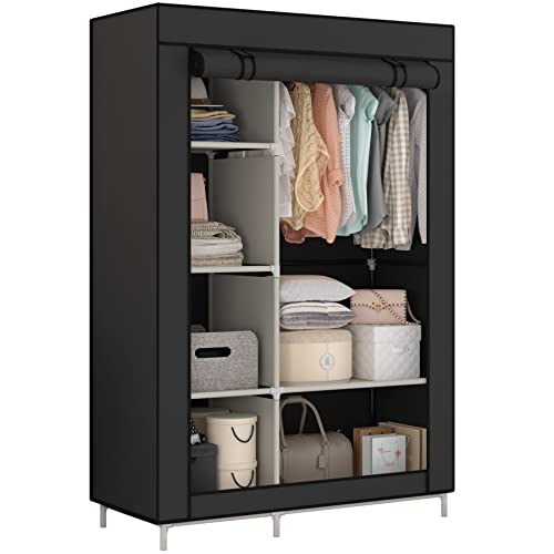 Calmootey Closet Storage Organizer,Portable Wardrobe with 6 Shelves and Clothes Rod,Non-Woven Fabric Cover with 4 Side Pockets,Black