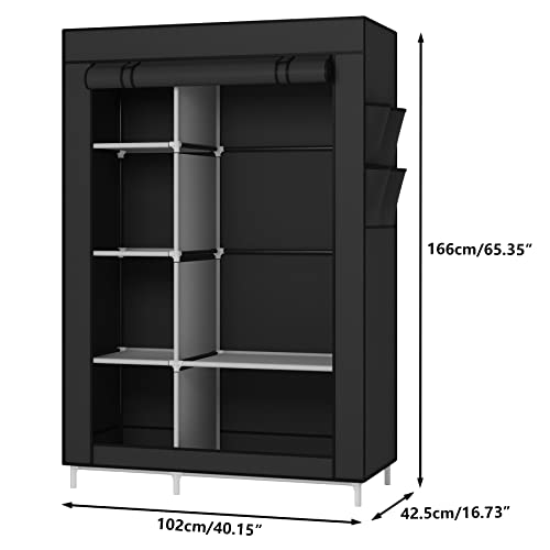 Calmootey Closet Storage Organizer,Portable Wardrobe with 6 Shelves and Clothes Rod,Non-Woven Fabric Cover with 4 Side Pockets,Black