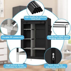 Calmootey Closet Storage Organizer,Portable Wardrobe with 6 Shelves and Clothes Rod,Non-Woven Fabric Cover with 4 Side Pockets,Black