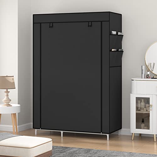 Calmootey Closet Storage Organizer,Portable Wardrobe with 6 Shelves and Clothes Rod,Non-Woven Fabric Cover with 4 Side Pockets,Black