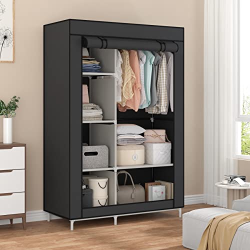 Calmootey Closet Storage Organizer,Portable Wardrobe with 6 Shelves and Clothes Rod,Non-Woven Fabric Cover with 4 Side Pockets,Black