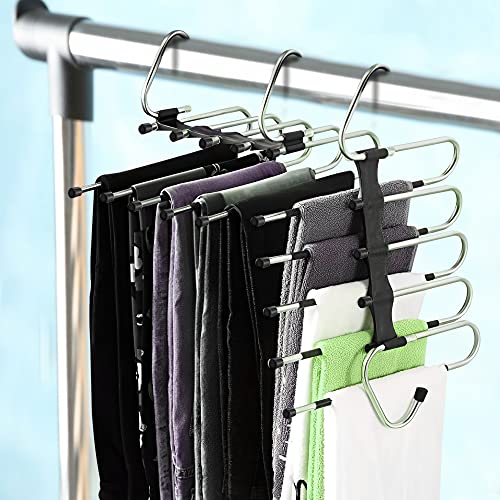 {Upgraded} Space Saving Magic Pants Hangers Multi-Layers (Pack of 2) for Men and Women. Multifunctional Use for Pants Scarves Skirts and Ties - Non-Slip Hangers with 5 Tiers for Closet Organizer