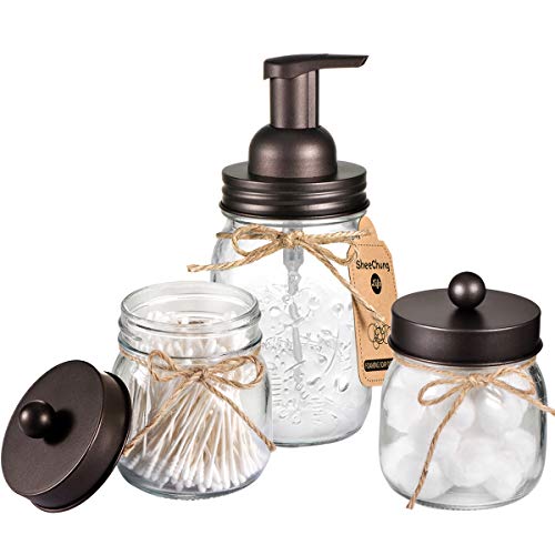 Mason Jar Bathroom Accessories Set - Mason Jar Foaming Hand Soap Dispenser and Qtip Holder Set - Rustic Farmhouse Decor Apothecary Jars Bathroom Countertop and Vanity Organizer (Bronze)-Patent Pending