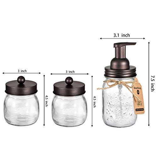 Mason Jar Bathroom Accessories Set - Mason Jar Foaming Hand Soap Dispenser and Qtip Holder Set - Rustic Farmhouse Decor Apothecary Jars Bathroom Countertop and Vanity Organizer (Bronze)-Patent Pending