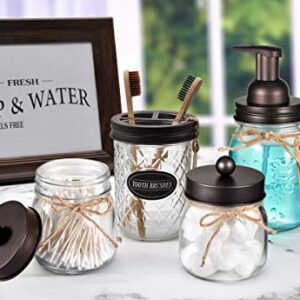 Mason Jar Bathroom Accessories Set - Mason Jar Foaming Hand Soap Dispenser and Qtip Holder Set - Rustic Farmhouse Decor Apothecary Jars Bathroom Countertop and Vanity Organizer (Bronze)-Patent Pending