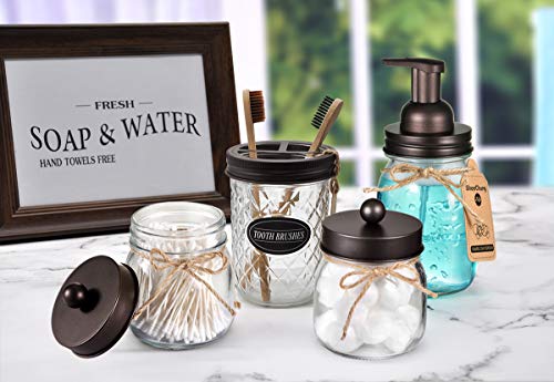 Mason Jar Bathroom Accessories Set - Mason Jar Foaming Hand Soap Dispenser and Qtip Holder Set - Rustic Farmhouse Decor Apothecary Jars Bathroom Countertop and Vanity Organizer (Bronze)-Patent Pending