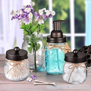 Mason Jar Bathroom Accessories Set - Mason Jar Foaming Hand Soap Dispenser and Qtip Holder Set - Rustic Farmhouse Decor Apothecary Jars Bathroom Countertop and Vanity Organizer (Bronze)-Patent Pending