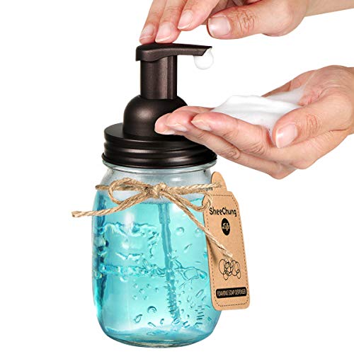 Mason Jar Bathroom Accessories Set - Mason Jar Foaming Hand Soap Dispenser and Qtip Holder Set - Rustic Farmhouse Decor Apothecary Jars Bathroom Countertop and Vanity Organizer (Bronze)-Patent Pending