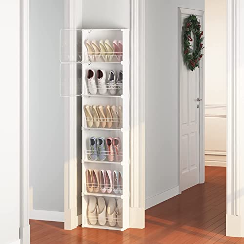 MAGINELS 6-Tier Shoe Rack Organizer with Cover, Slim Shoe Storage Cabinet,Behind The Door, Narrow Shoe Shelf for Closet,entryway,White