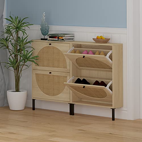 ZeHuoGe Natural Rattan Shoe Cabinet with 2 Flip Drawers, Modern 2-Tier Shoe Rack Storage Cabinet for Heels, Boots, Slippers, Free Standing Shoe Rack, Entrance Hallway (Natural)