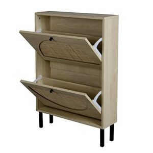 ZeHuoGe Natural Rattan Shoe Cabinet with 2 Flip Drawers, Modern 2-Tier Shoe Rack Storage Cabinet for Heels, Boots, Slippers, Free Standing Shoe Rack, Entrance Hallway (Natural)